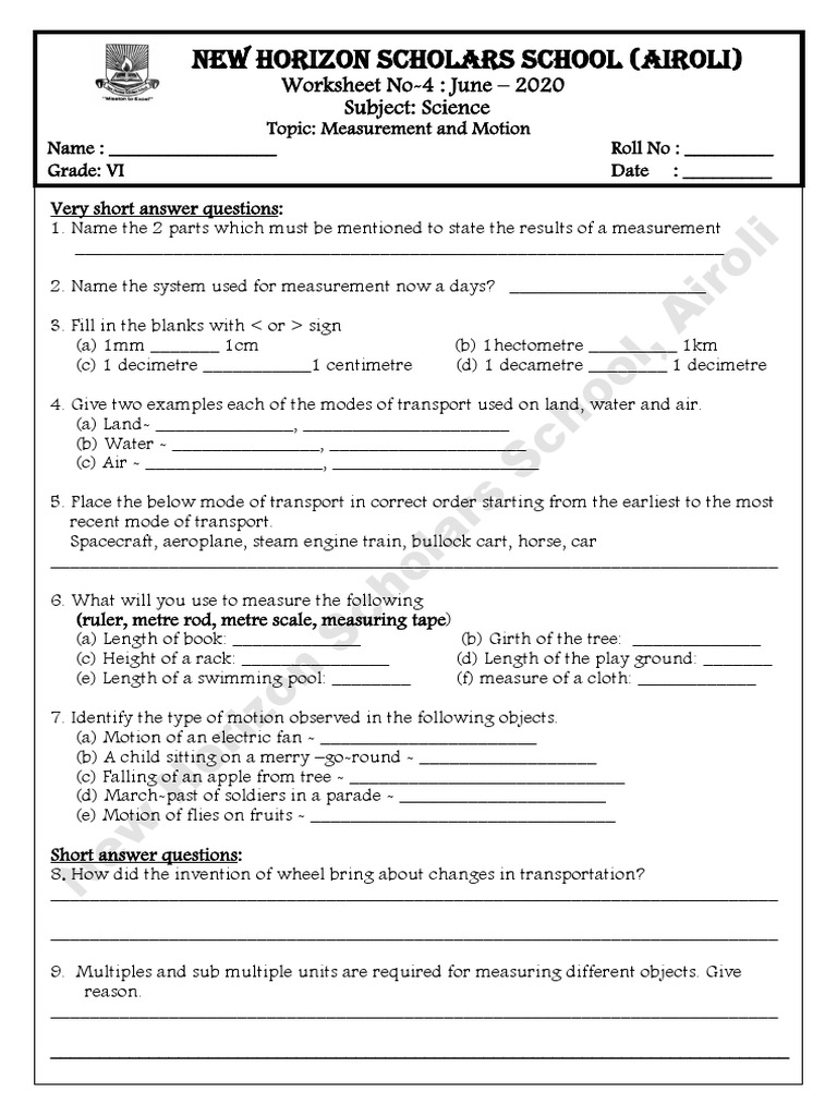 Scientific Measurements Worksheet CBSE Class 6 Science Motion And