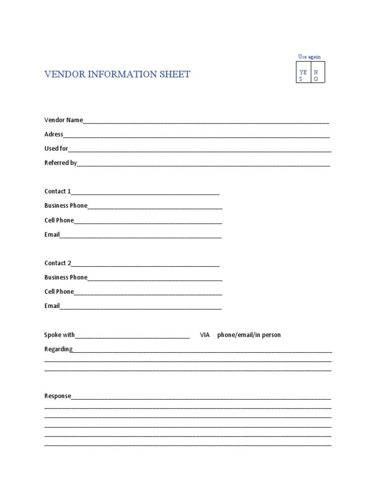 Vendor Information Sheet: Use Again YE S N O | PDF | Telecommunications ...