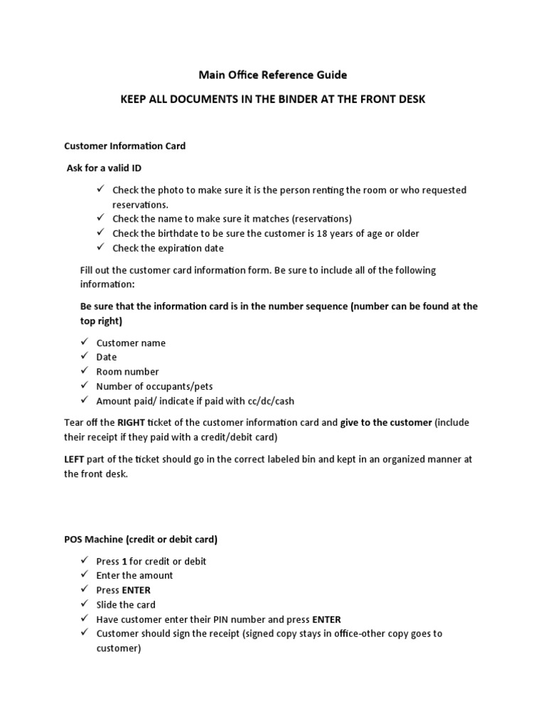 Main Office Reference Guide Keep All Documents in The Binder at The ...