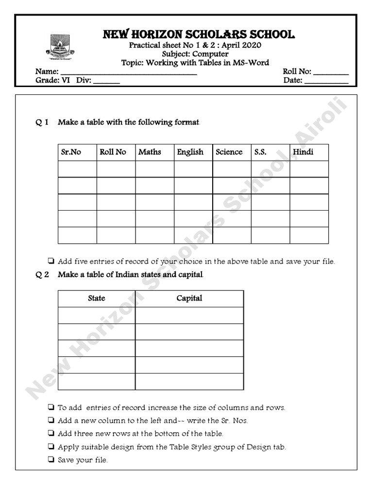 Computer - Working Tables With M.S Word - Worksheet | PDF