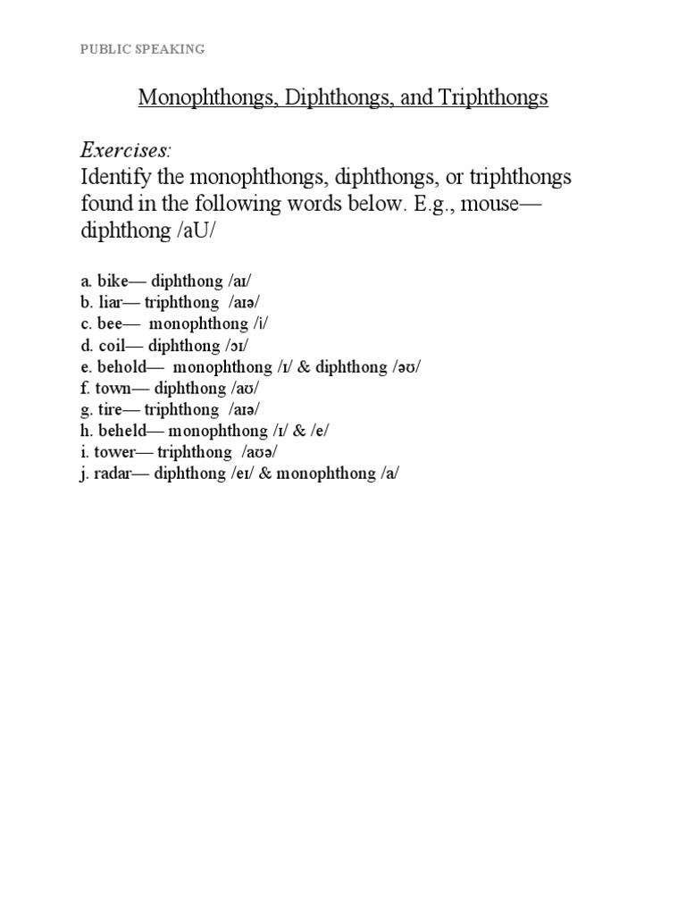 Exercises:: Monophthongs, Diphthongs, and Triphthongs | PDF