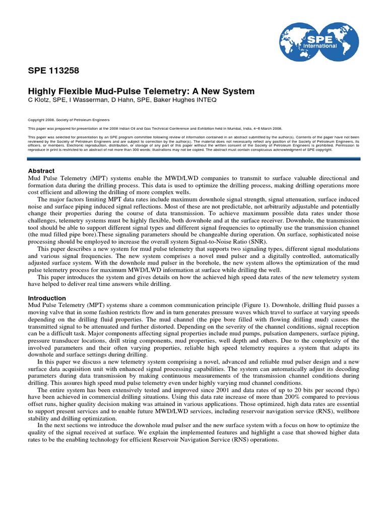 SPE 113258 Highly Flexible Mud-Pulse Telemetry: A New System | PDF | Telemetry | Modulation