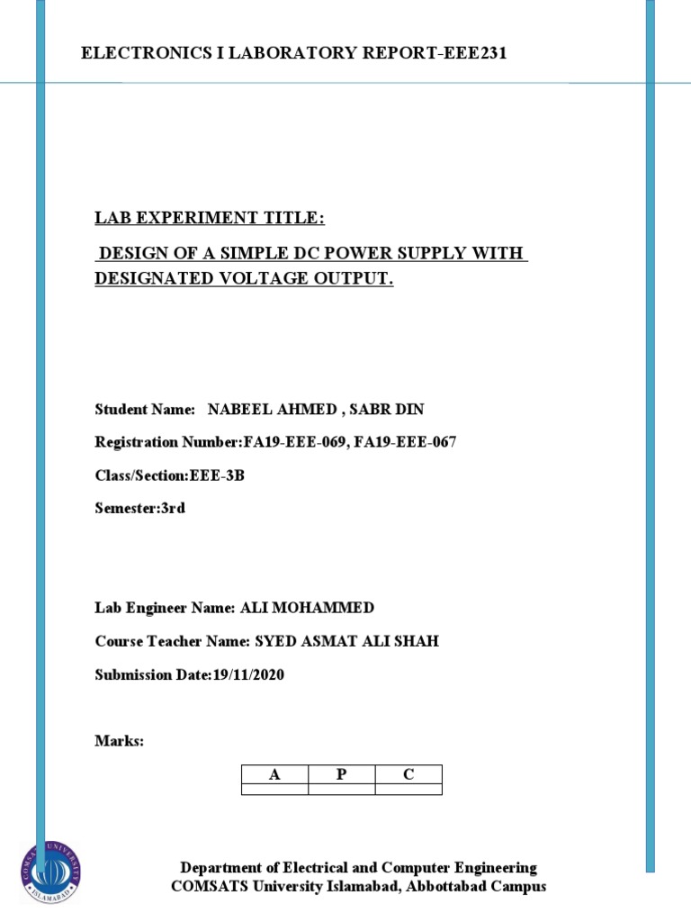 Electronics I Laboratory Report-Eee231 | PDF | Rectifier | Power Supply