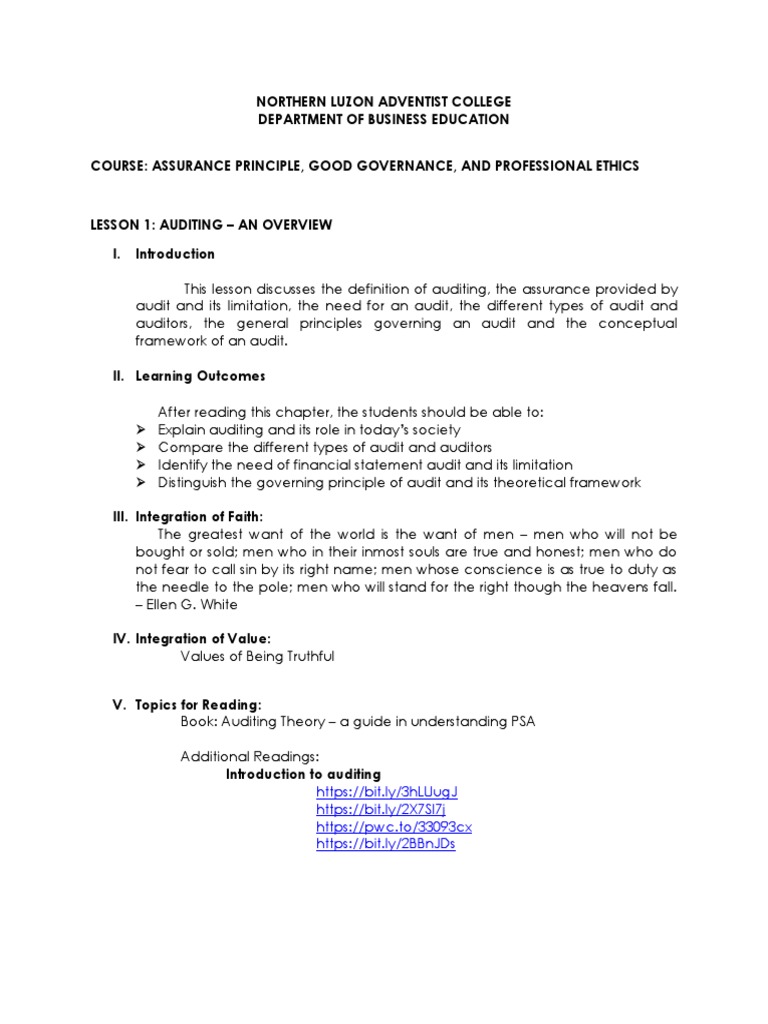 Auditing & Assurance Principles-Lesson 1 | PDF | Financial Audit | Audit