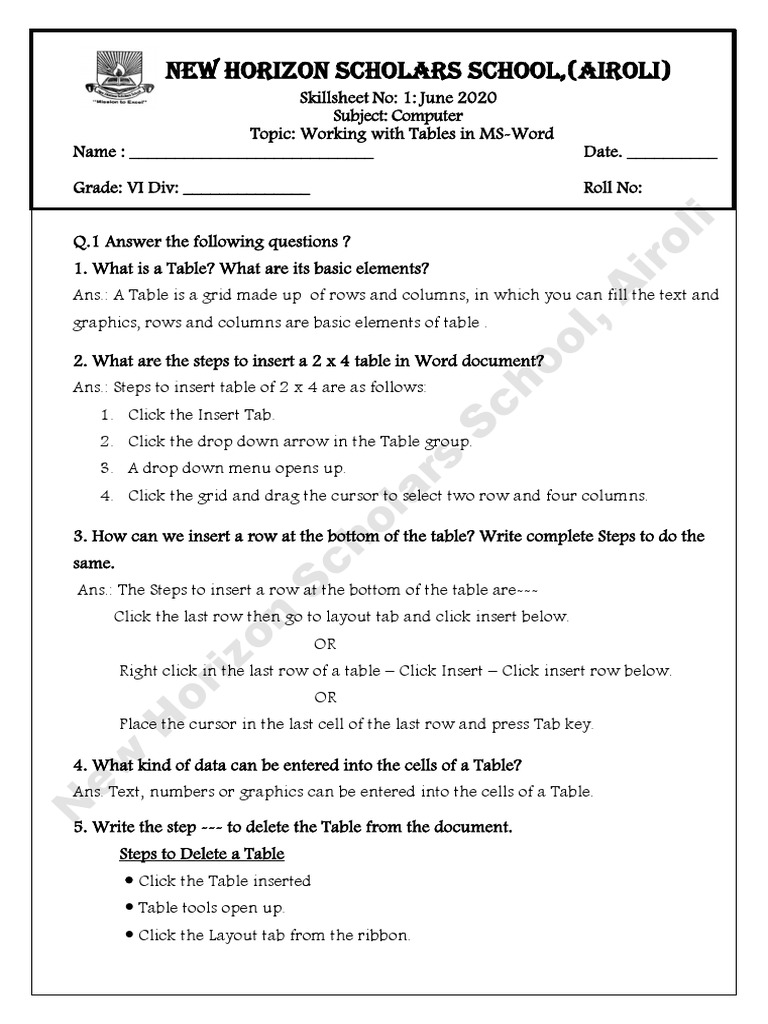 GRADE 6-Subject Computer-Skillsheet No.1-Topic-Working With Tables ...