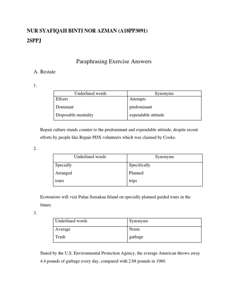Paraphrasing Exercise Solutions | PDF