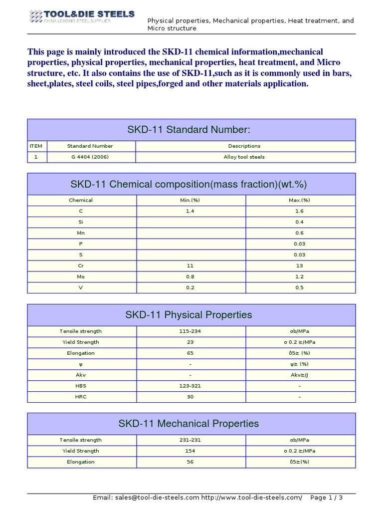 Data Table For Grades Tool Die Steels SKD-11 | PDF | Rolling ...