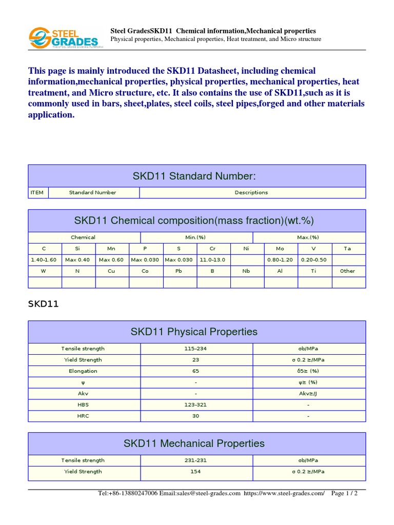 Datasheet For Steel Grades Tool Steel and Hard Alloy SKD11 | PDF ...