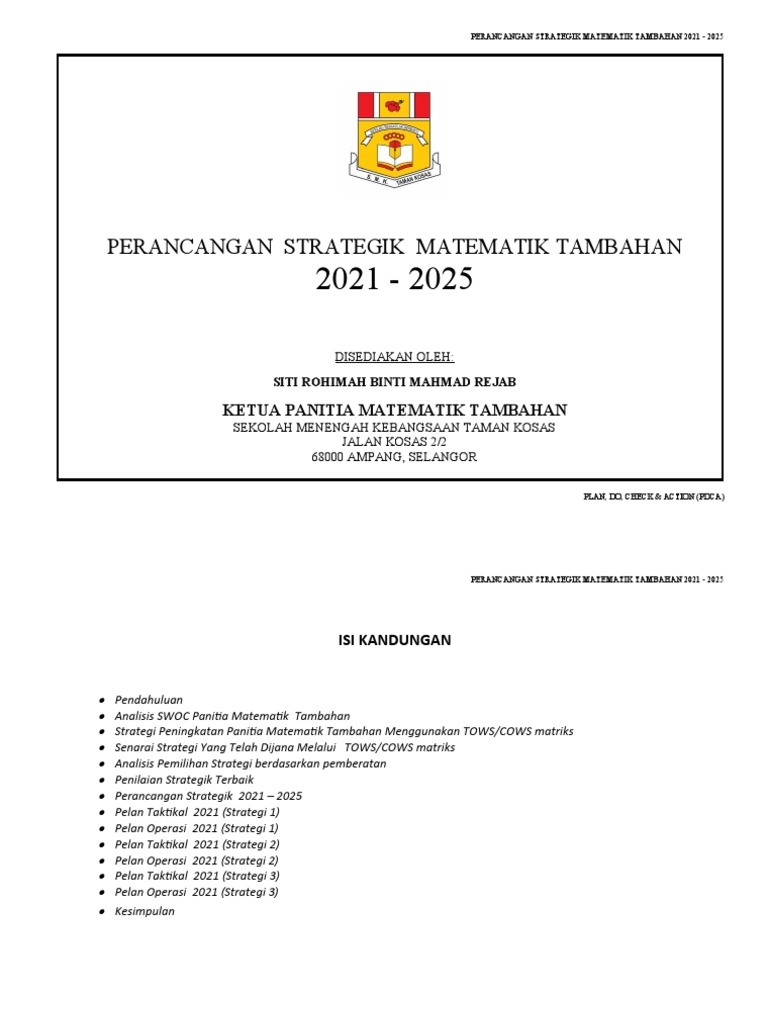 Perancangan Strategik Add Math Siti Rohimah 2021-2025 | PDF