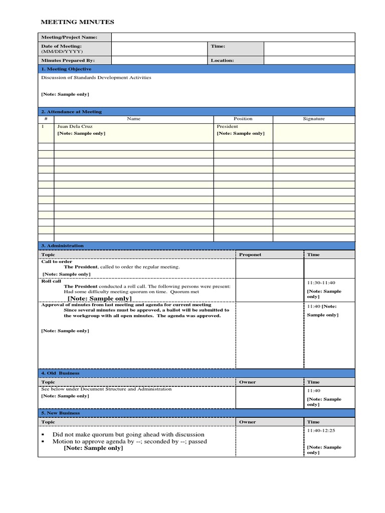Meeting Minutes: (Note: Sample Only) | Download Free PDF | Government ...