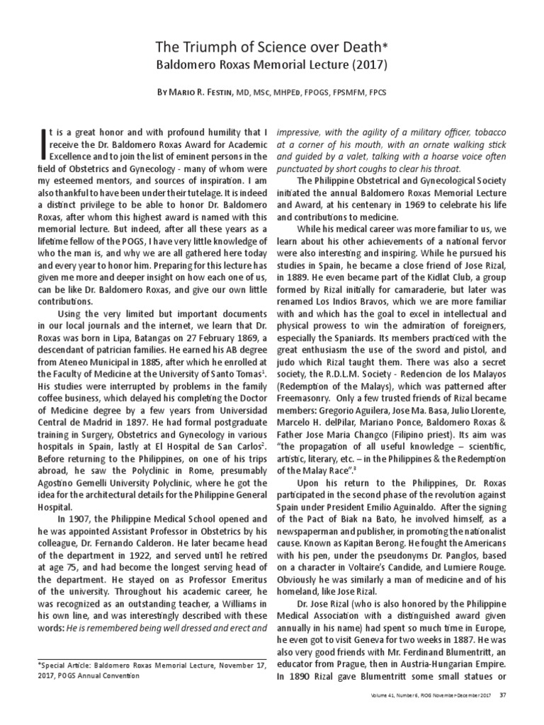 Baldomero Roxas Memorial Lecture 2017 The Triumph of Science Over Death ...