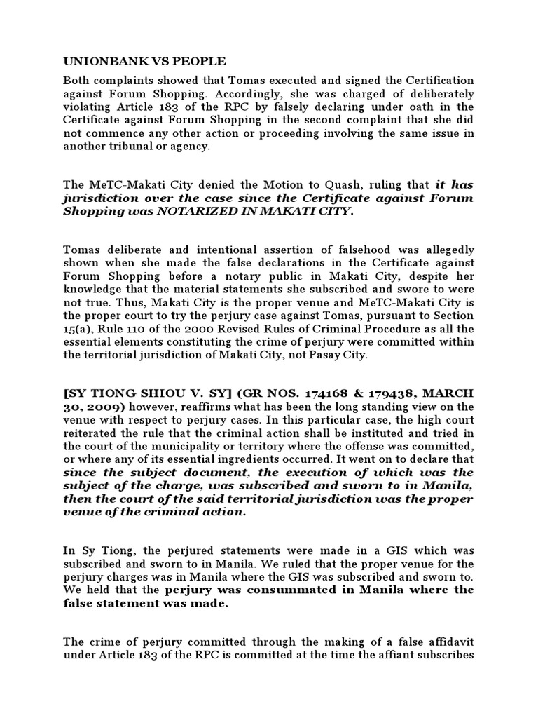 UnionBank vs People: Proper Venue for Perjury Cases | PDF | Perjury ...