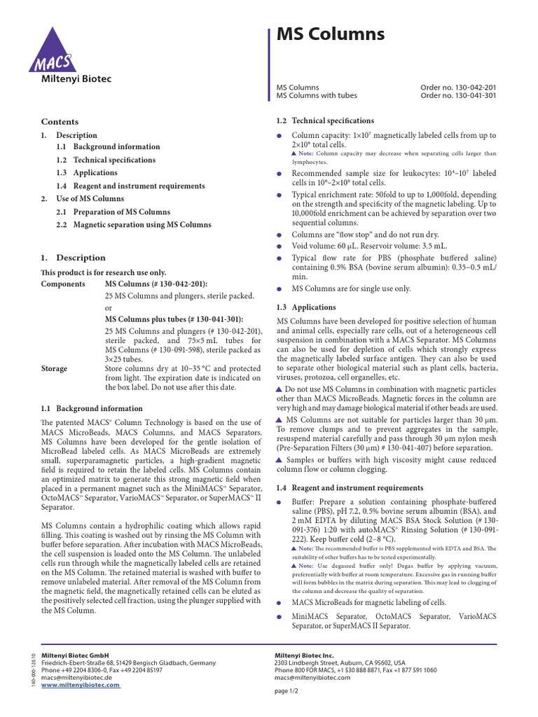 Ms Columns: Miltenyi Biotec Inc. Miltenyi Biotec GMBH | PDF | Chemistry ...