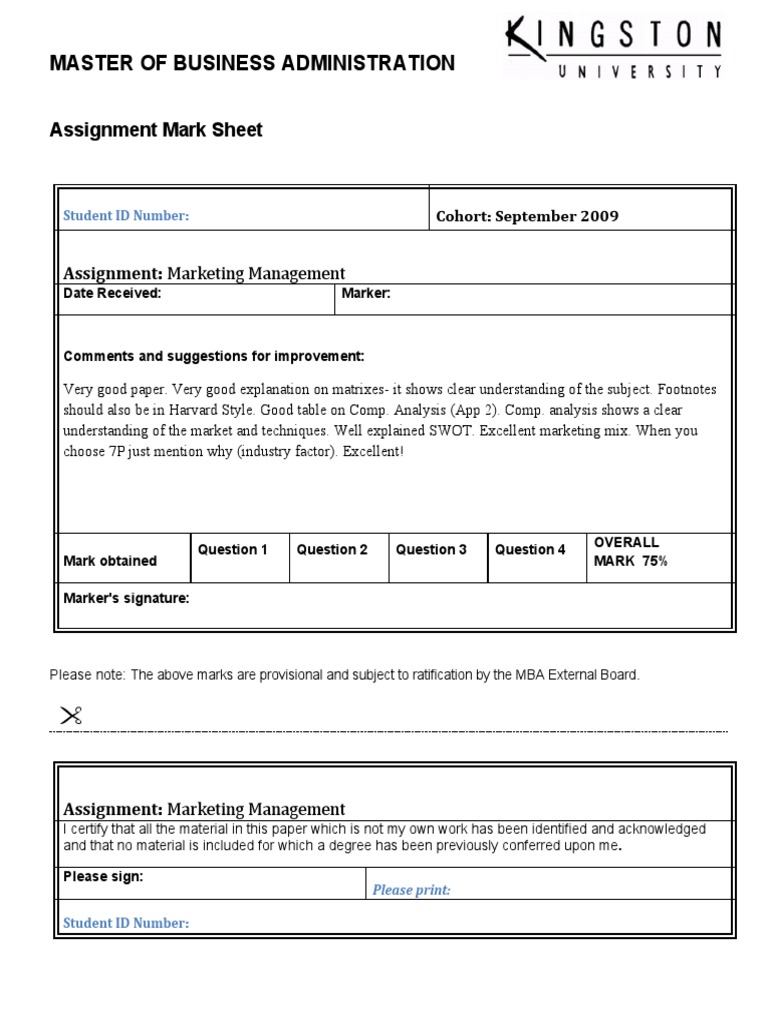 Master of Business Administration: Assignment Mark Sheet | Download ...