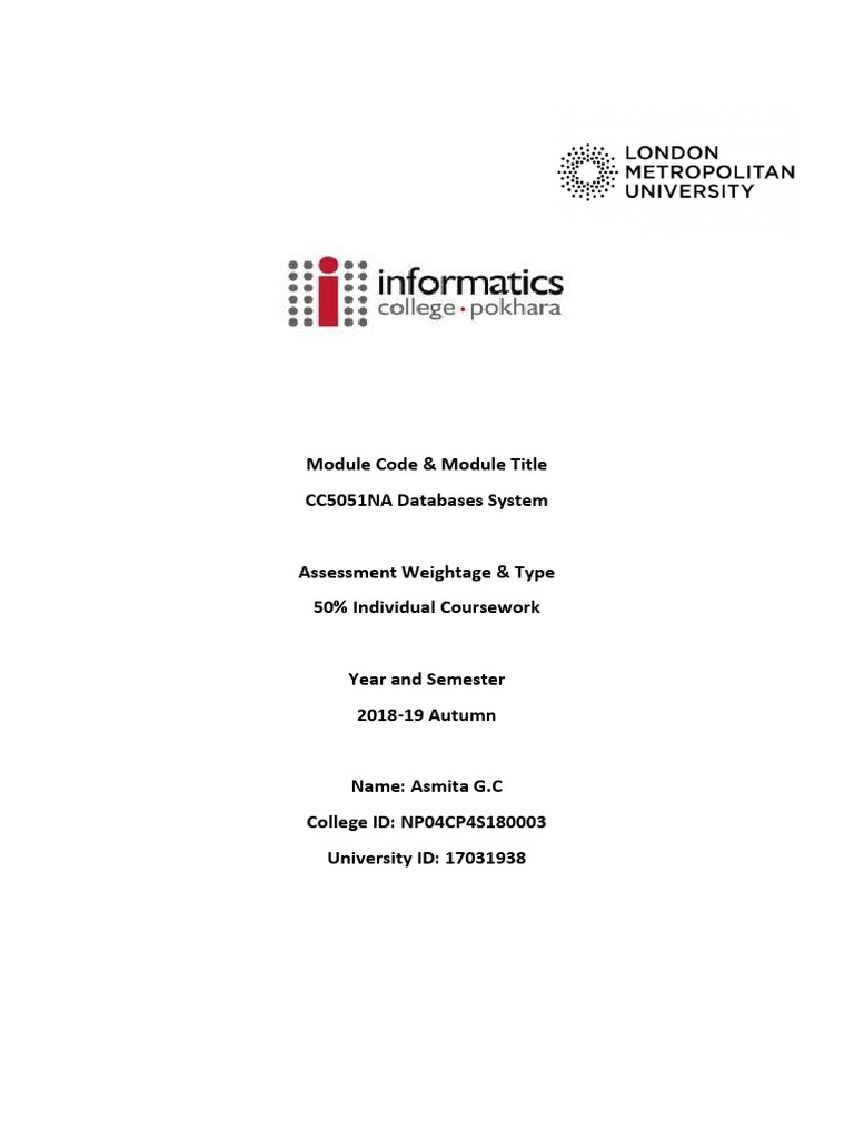 S18 CC5051NA CW1 17031938 Asmita G.C | PDF | Table (Database) | Databases