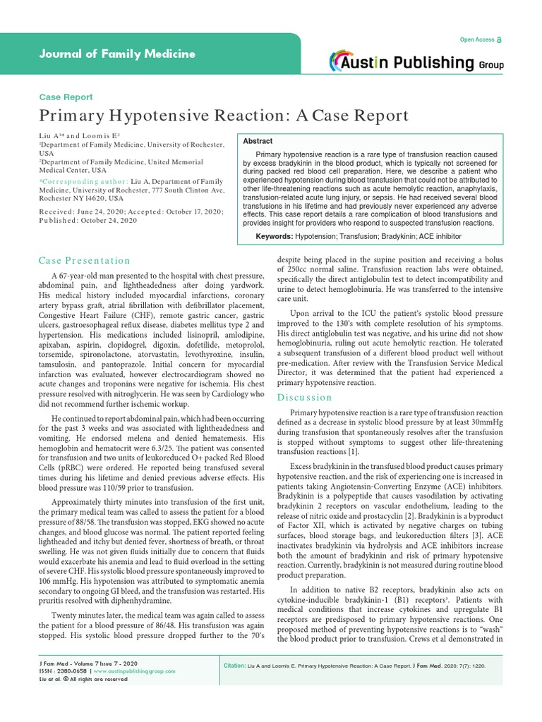 Primary Hypotensive Reaction | PDF | Sepsis | Blood Transfusion