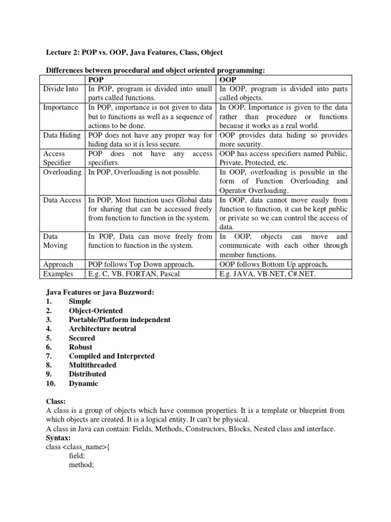 Lecture 02 Pop Vs Oop Java Features Class Object Pdf Object Oriented Programming 