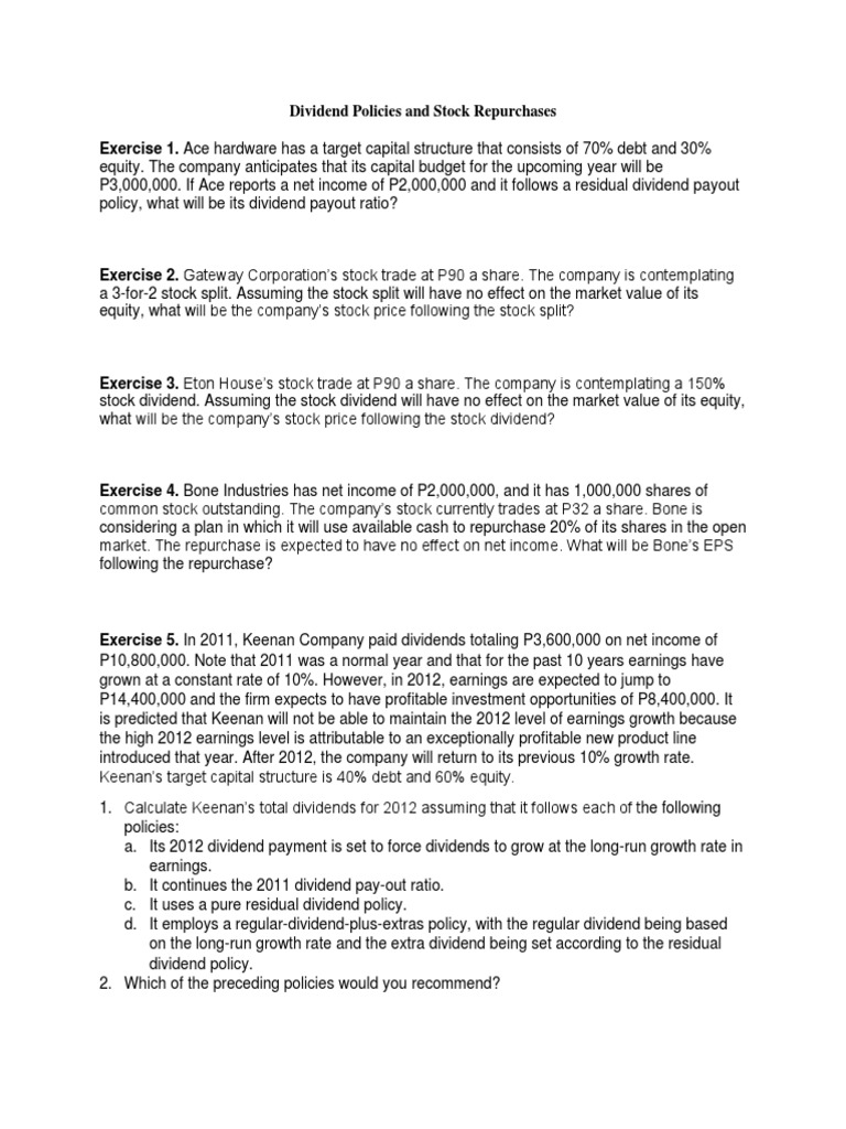 11 Dividend Policy Exercise Pdf Dividend Share Repurchase