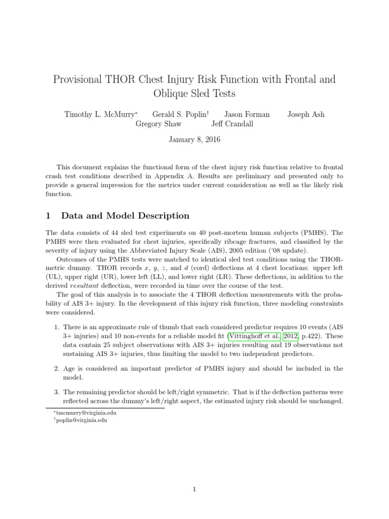 Provisional THOR Chest Injury Risk Function With Frontal and Oblique ...
