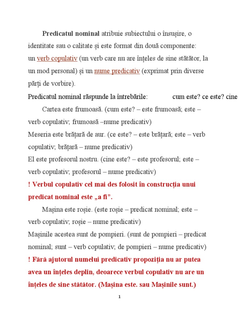Predicatul Nominal - Clasa A VI-a | PDF