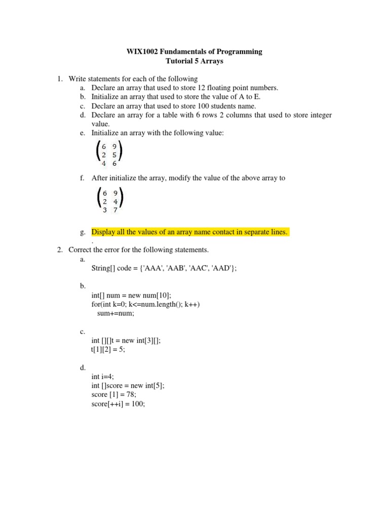 WIX1002 Fundamentals of Programming Tutorial 5 Arrays | PDF