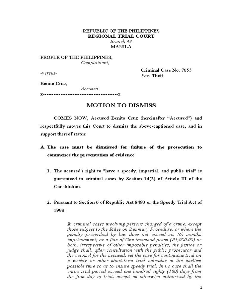 Motion To Dismiss: Regional Trial Court | PDF | Trials | Prosecutor