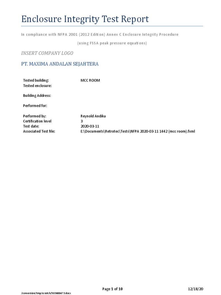 Enclosure Integrity Test Report: Insert Company Logo | PDF | Pressure ...