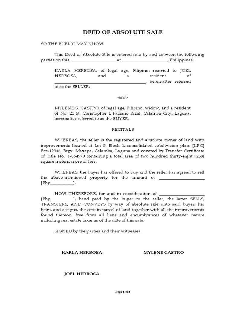 Sample Deed of Absolute Sale | PDF | Deed | Environmental Law