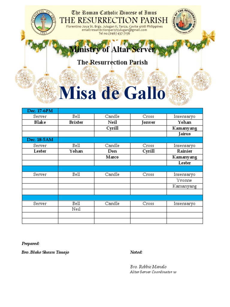 Ministry of Altar Server-Schedule