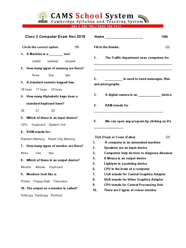 Class 3 Computer Exam Nov 2019 | PDF | Input/Output | Computer Keyboard