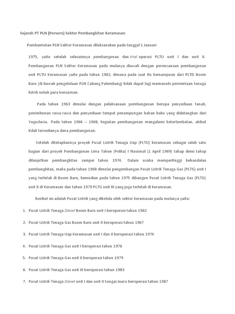 Sejarah PT PLN Sektor Keramasan | PDF | Griya & Taman | Teknologi ...