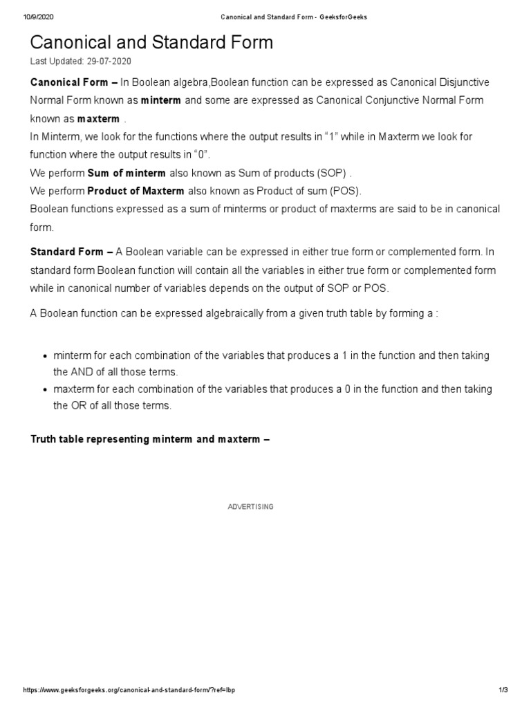 Canonical and Standard Form | PDF | Mathematical Logic | Theory Of ...