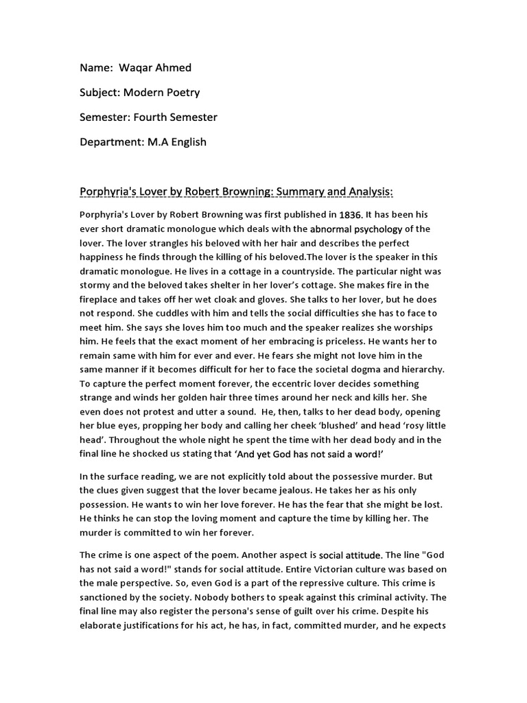 Analysis of Browning's Porphyria's Lover | PDF