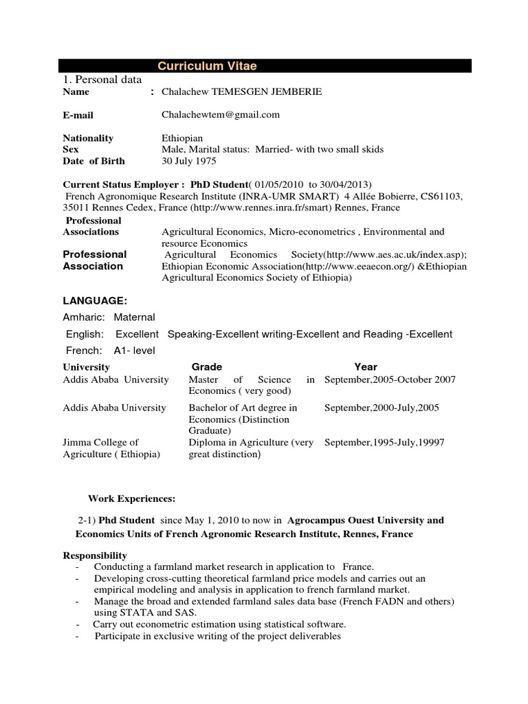Personal Data: Curriculum Vitae | PDF | Agricultural Economics | Ethiopia