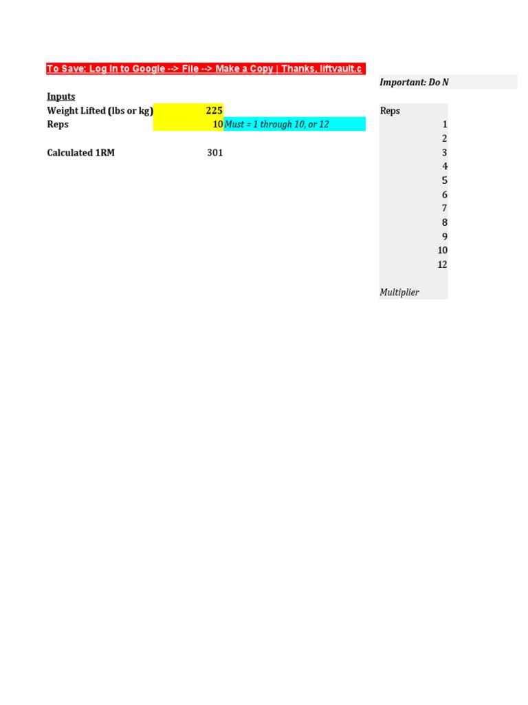 1 Rep Max Calculator Spreadsheet | PDF