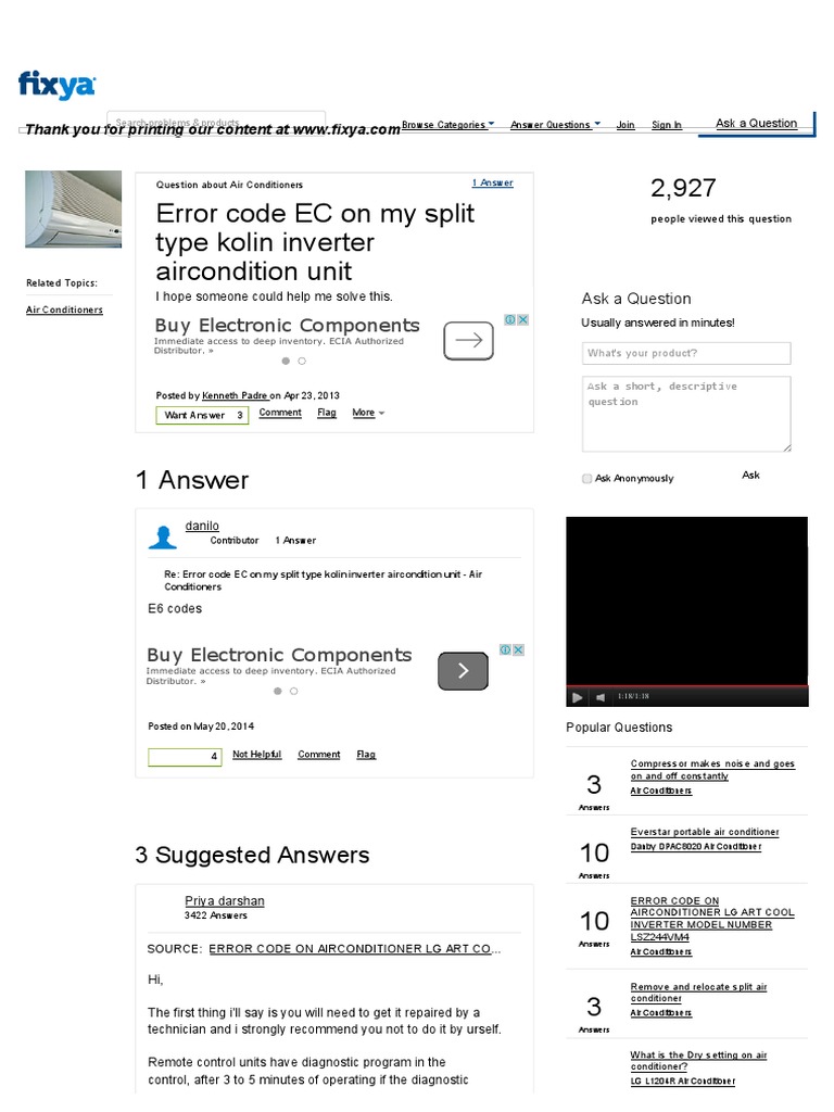 Error Code EC On My Split Type Kolin Inverter Aircondition - Fixya ...