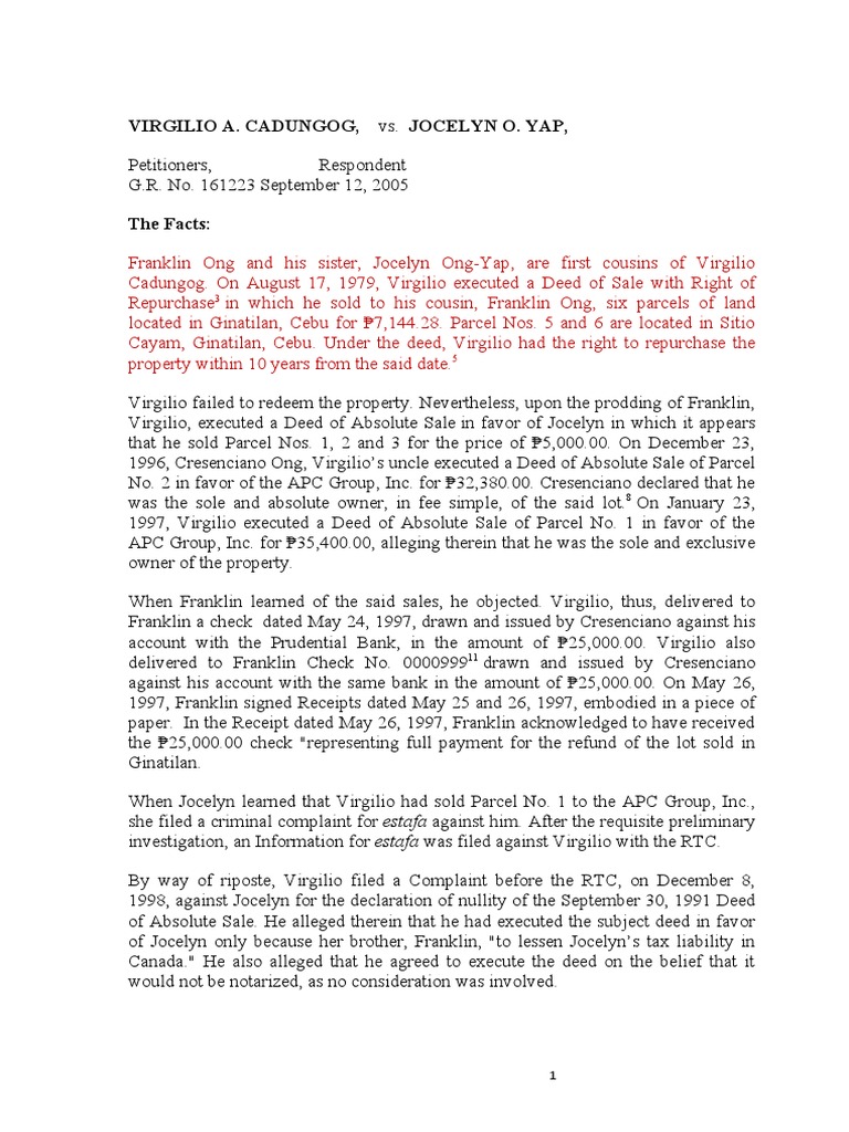 Cadungog V Yap 469 SCRA 561 Sept. 12, 2005 | PDF | Complaint | Trials