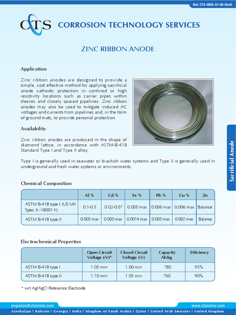 Zinc Ribbon Anode: Application | PDF | Anode | Electrochemistry
