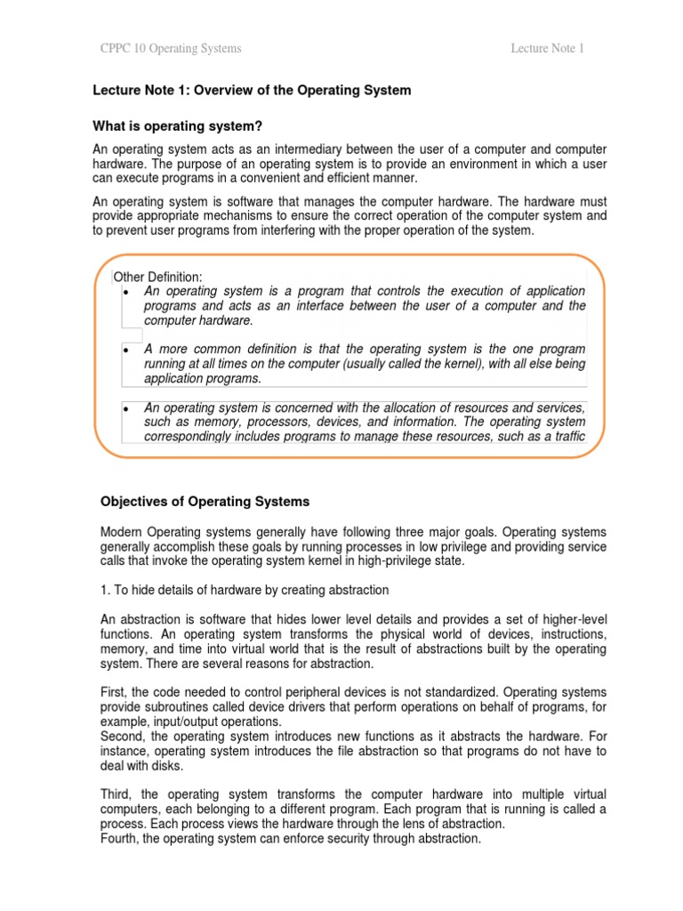 Cppc 10 Lecture Notes 1 Overview Of Operating Systems Pdf Pdf Operating System Computer 0180
