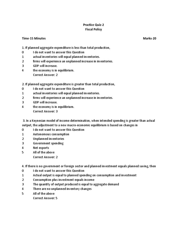Practice Quiz - Fiscal Policy | PDF | Government Spending | Monetary Policy