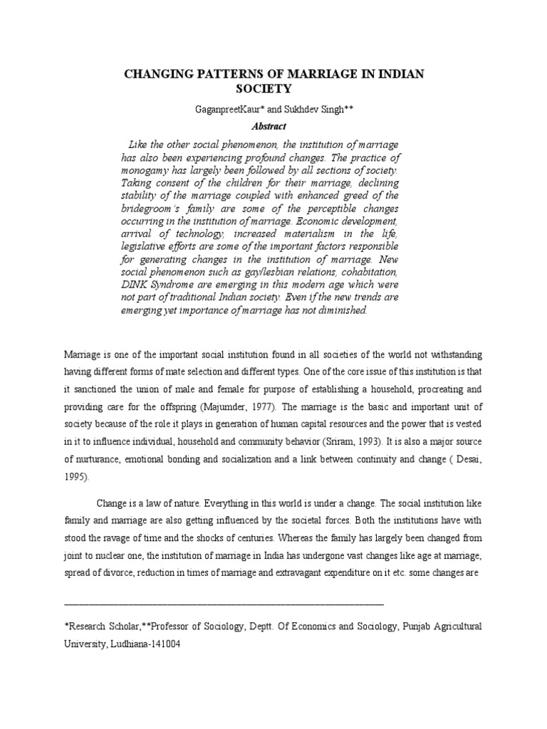Changing Patterns of Marriage in Indian Society | PDF | Marriage | Family