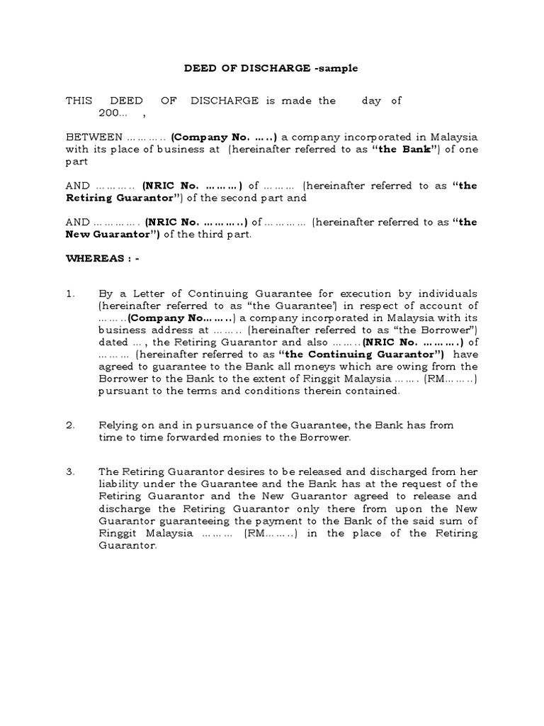 Deed of Discharge - Sample | PDF | Guarantee | Virtue