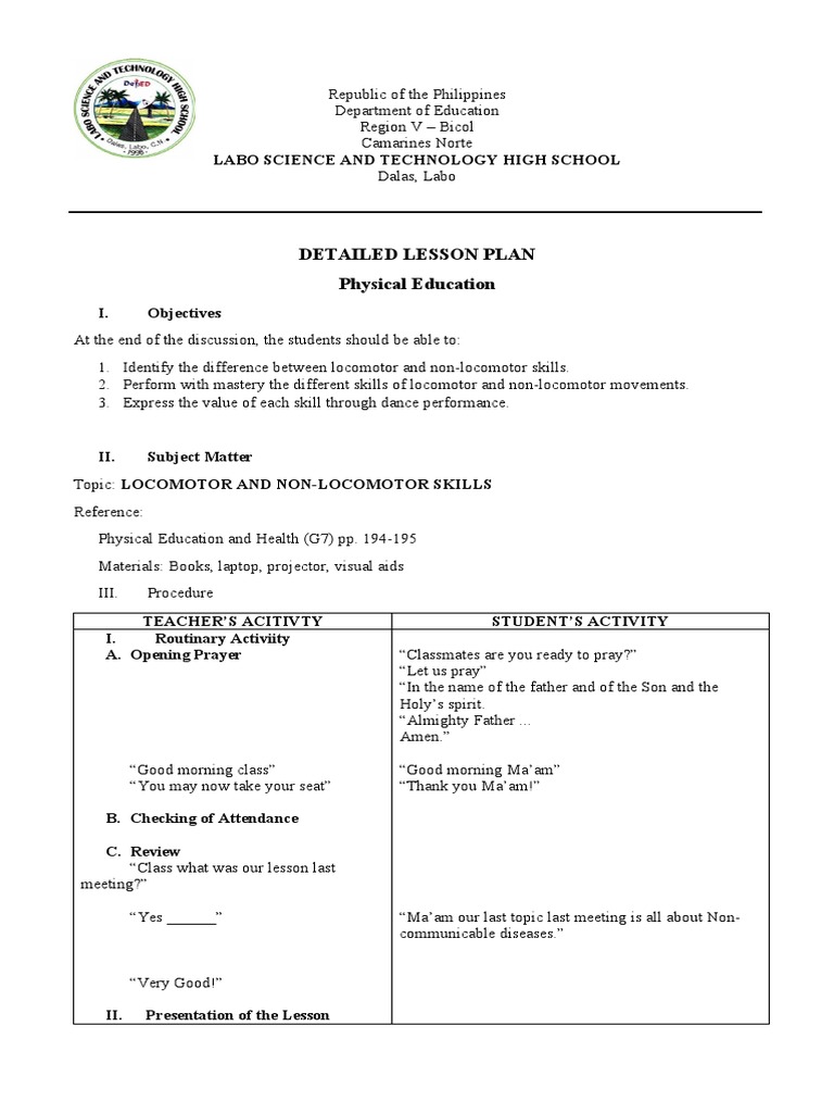 Detailed Lesson Plan Physical Education: Labo Science and Technology ...