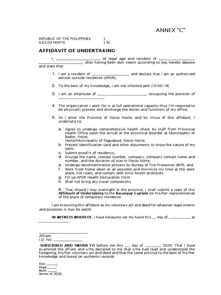 Annex C - APOR Affidavit of Undertaking | PDF | Affidavit | Identity Document