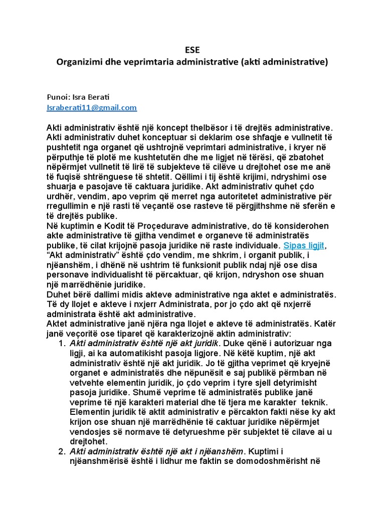 Ese Organizimi Dhe Veprimtaria Administrative (Akti Administrative) | PDF