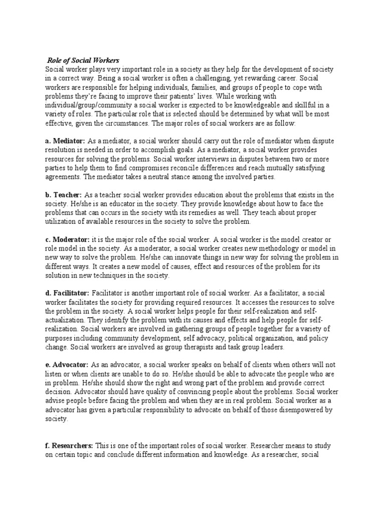 Roles of Social Worker and Objectives of Social Work | PDF | Social ...