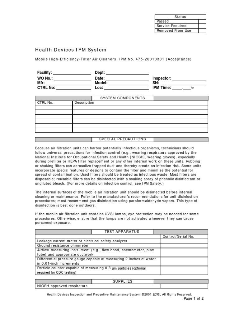 Mobile Air Cleaner Inspection Protocol | PDF | Infection Control ...