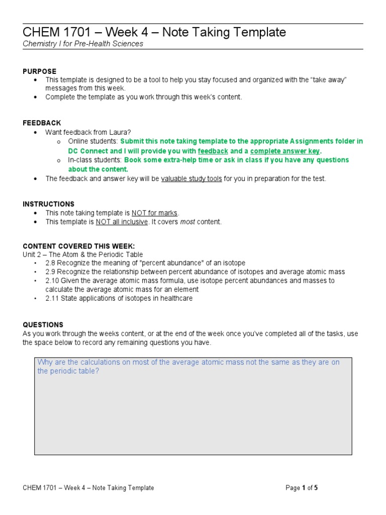 CHEM 1701 - Week 4 - Note Taking Template: Chemistry I For Pre-Health ...
