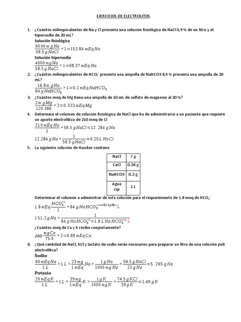 Ejercicios de Electrolitos | PDF | Electrólito | Átomos