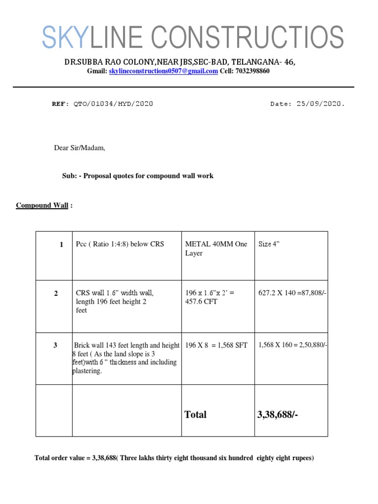 Quotation For Compound Wall (60 Meters) | PDF